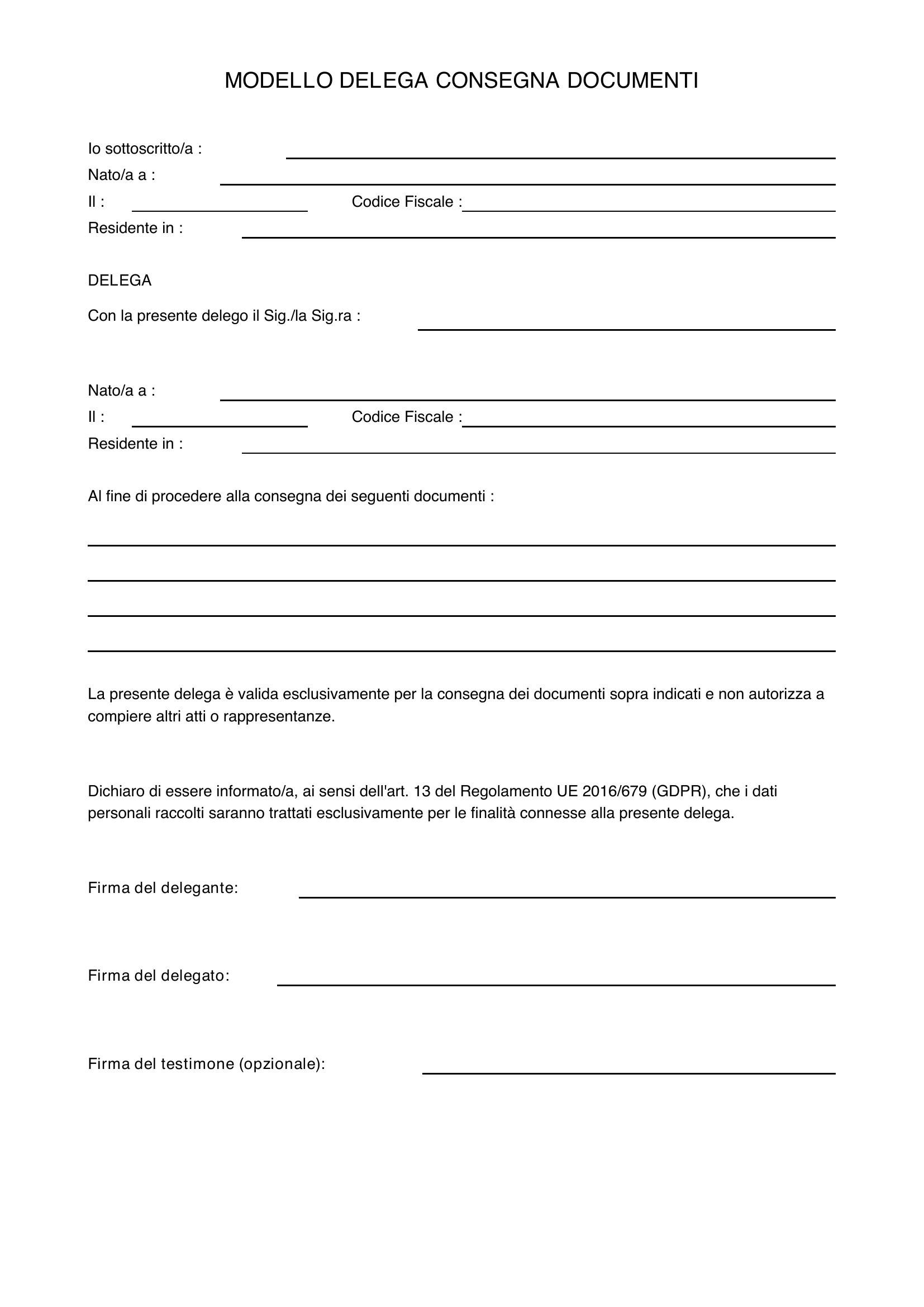 Modello Delega Consegna Documenti