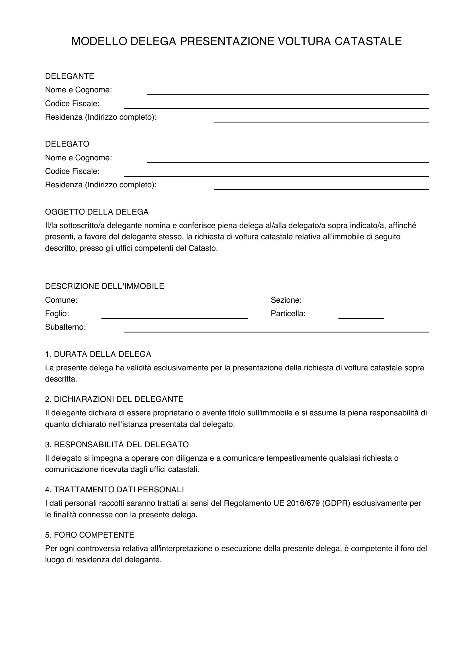 Modello Delega Presentazione Voltura Catastale Editabile