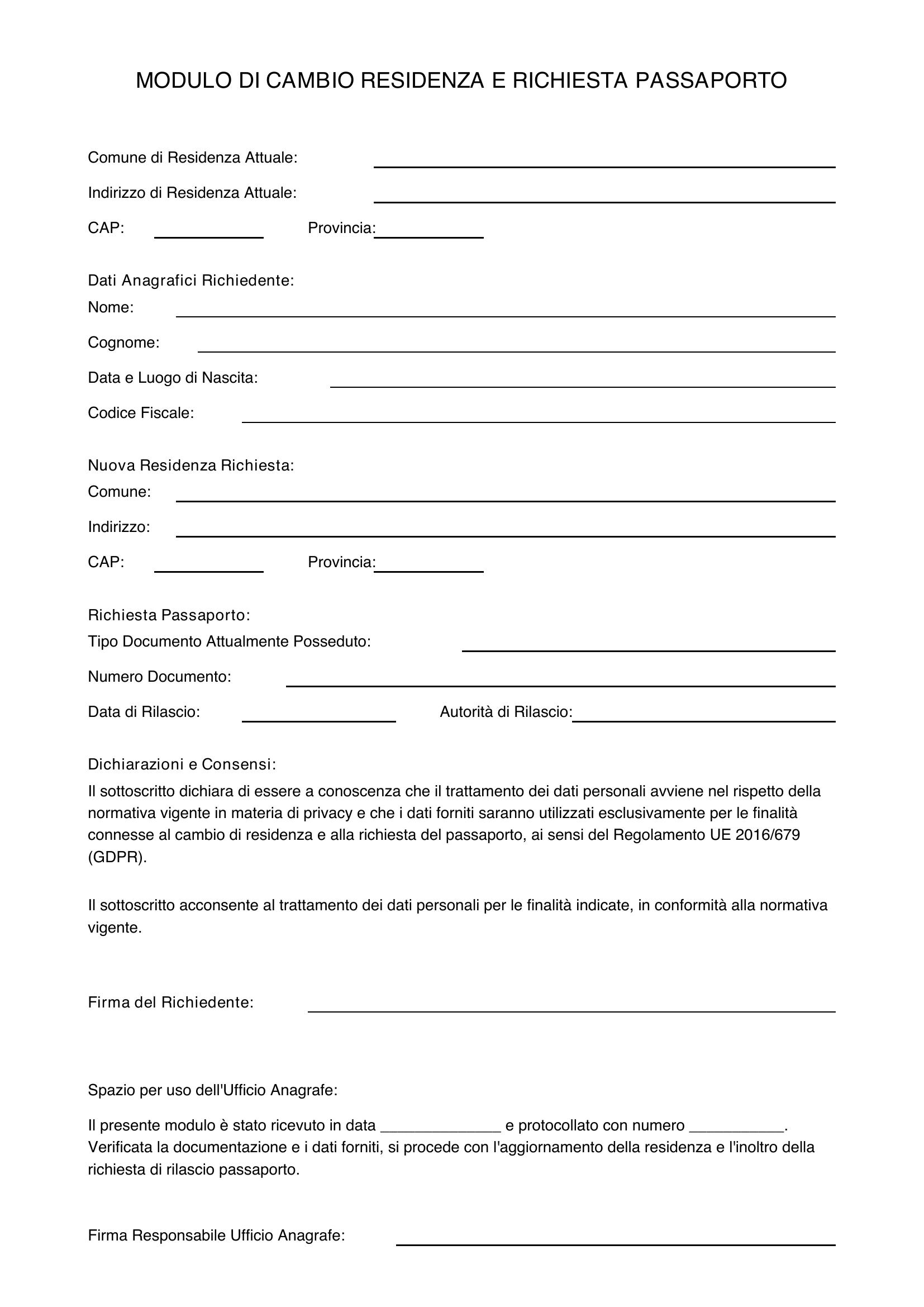 Modulo Cambio Residenza Passaporto