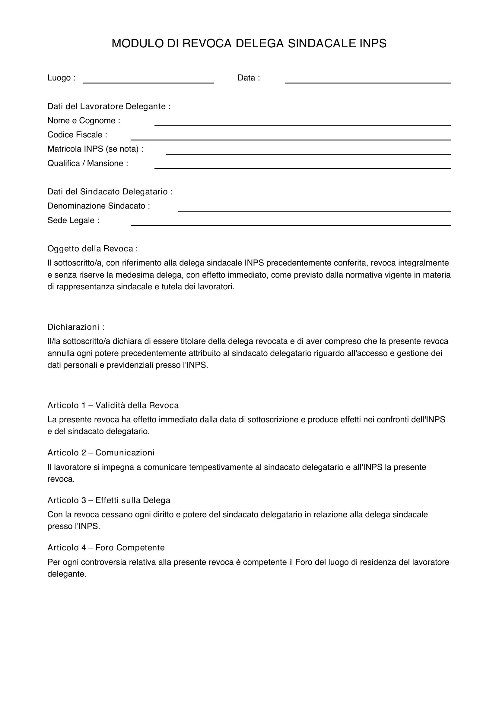 Modulo Revoca Delega Sindacale Inps