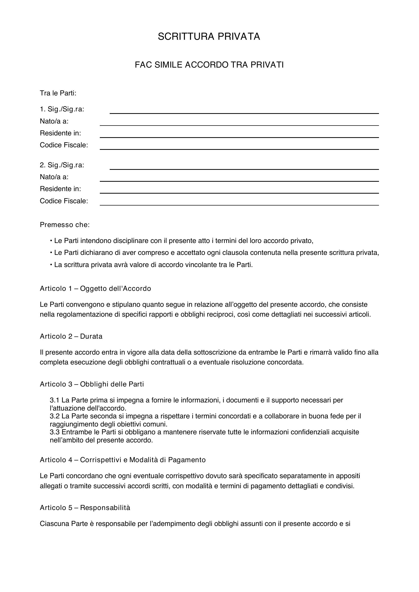 Scrittura Privata Fac Simile Accordo Tra Privati